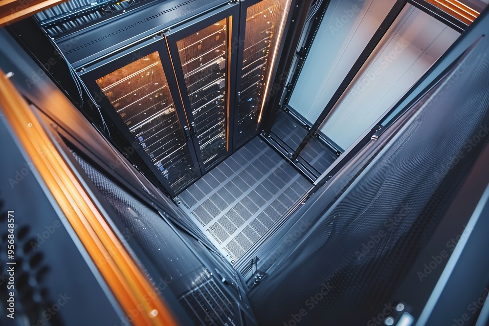 Server room interior in datacenter, camera angle from above, showcasing ...