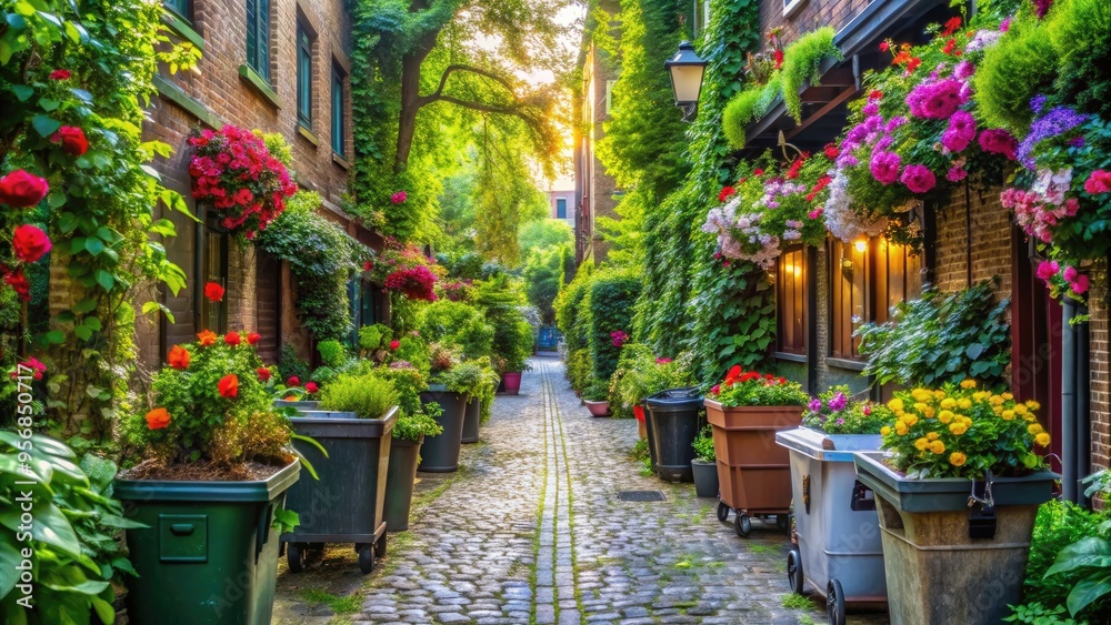 A sparkling clean alleyway lined with spotless trash cans, surrounded ...