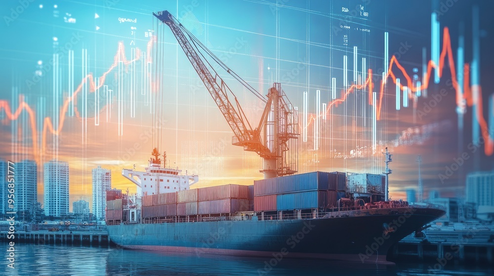 Crane at the dock unloading cargo from a ship, with a background of an ...