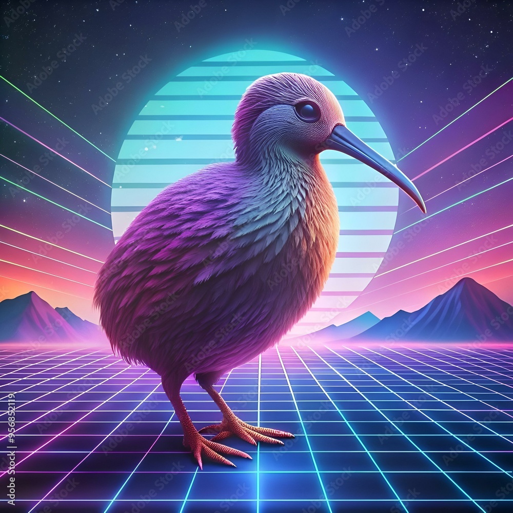A vibrant 3D illustration of a Kiwi bird in a retro 80s style. perfect ...