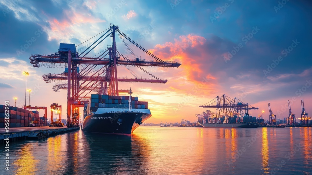 Cranes in action at a sea port, loading and unloading containers from a ...