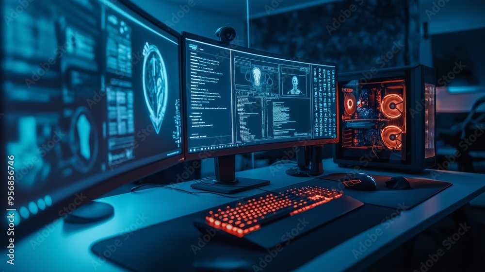 Modern gaming setup with dual monitors showcasing esports competition ...