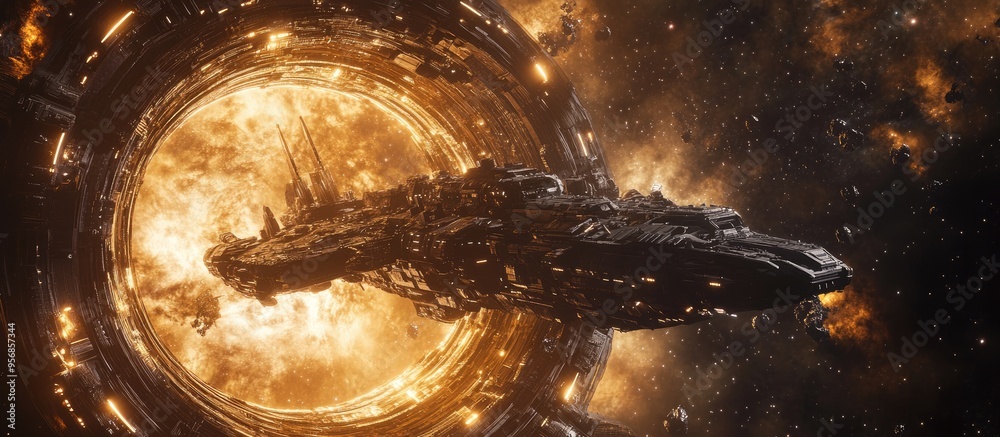 3D illustration of a science fiction battle cruiser spaceship in heavy ...