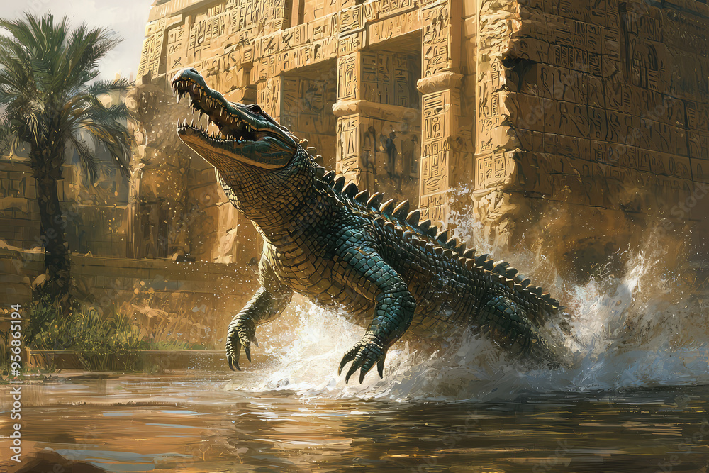 Sobek, the Crocodile God, Emerges from the Nile, a Majestic Spectacle ...