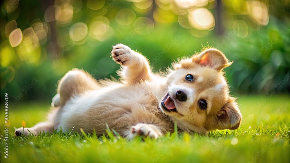 Adorable little puppy rolls over onto its back, exposing its fluffy ...