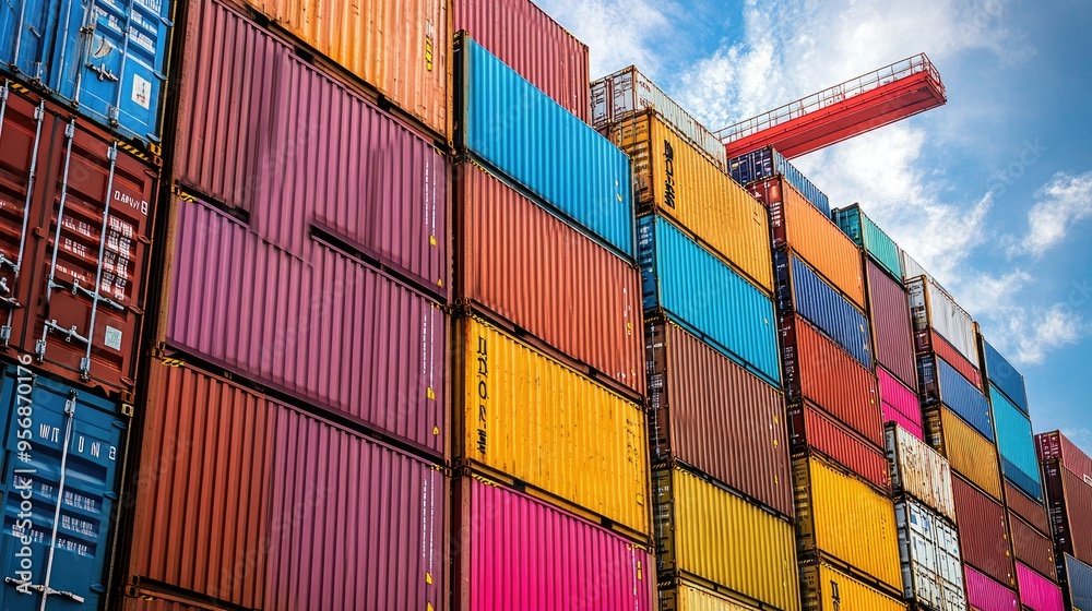 Detailed view of cargo containers stacked on a ship, showing the ...