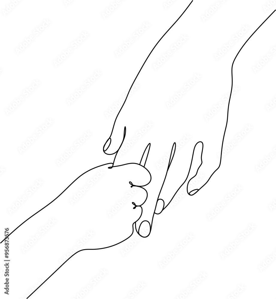 Line drawing of parent's hand and child. Child's hand holds mother's ...