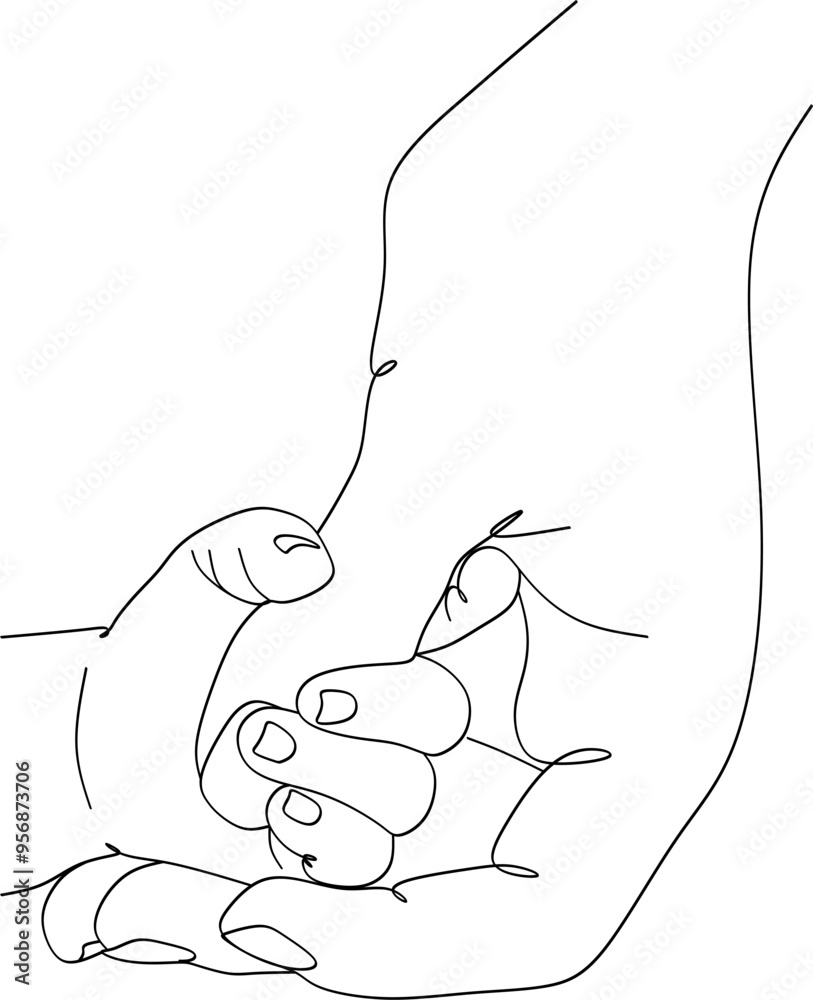 Line drawing of parent's hand and child. Child's hand holds mother's ...