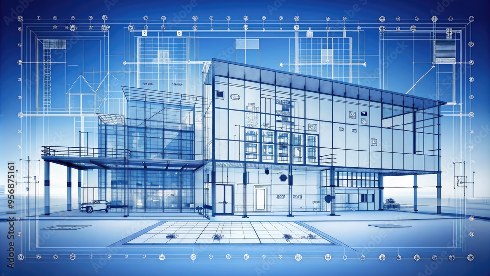 Architectural blueprint layout showcases detailed floor plan, elevation ...