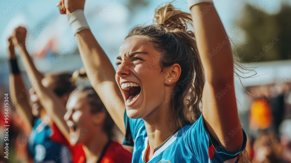Field hockey players celebrating after scoring, lifting their sticks in ...