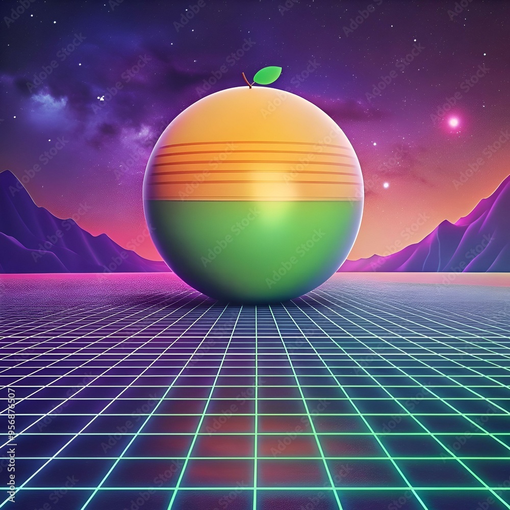 A retro futuristic 3D illustration of a green and orange greengage on a ...