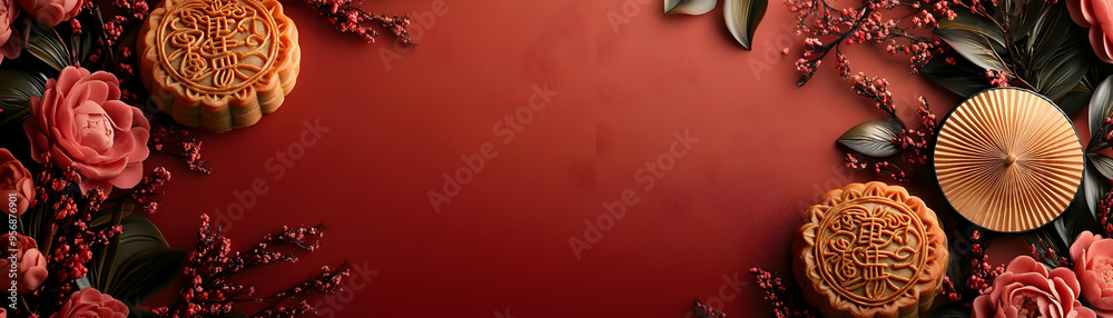 Mooncake and Fan Border Frame with Copy Space concept as A border frame ...