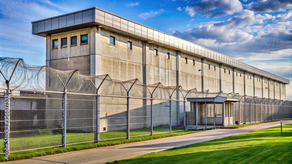 Barbed wire fences and imposing concrete walls surround a large ...