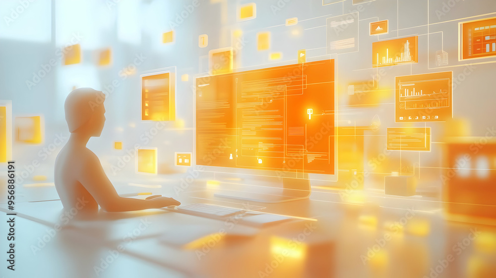 UX designer prototyping on a glossy interface in a flexible workspace ...
