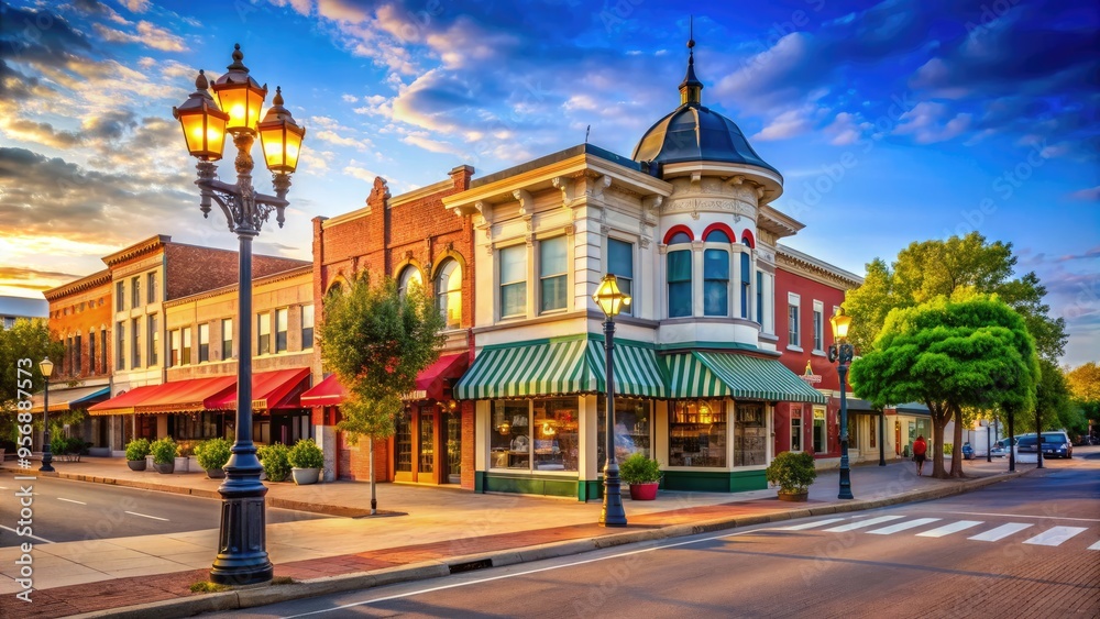 Classic American main street scene with vintage storefronts, old ...
