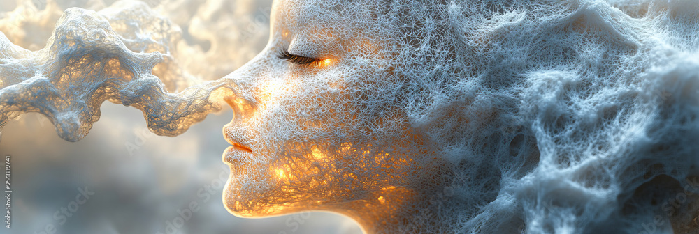 Ethereal digital artwork featuring luminous female face enshrouded in ...