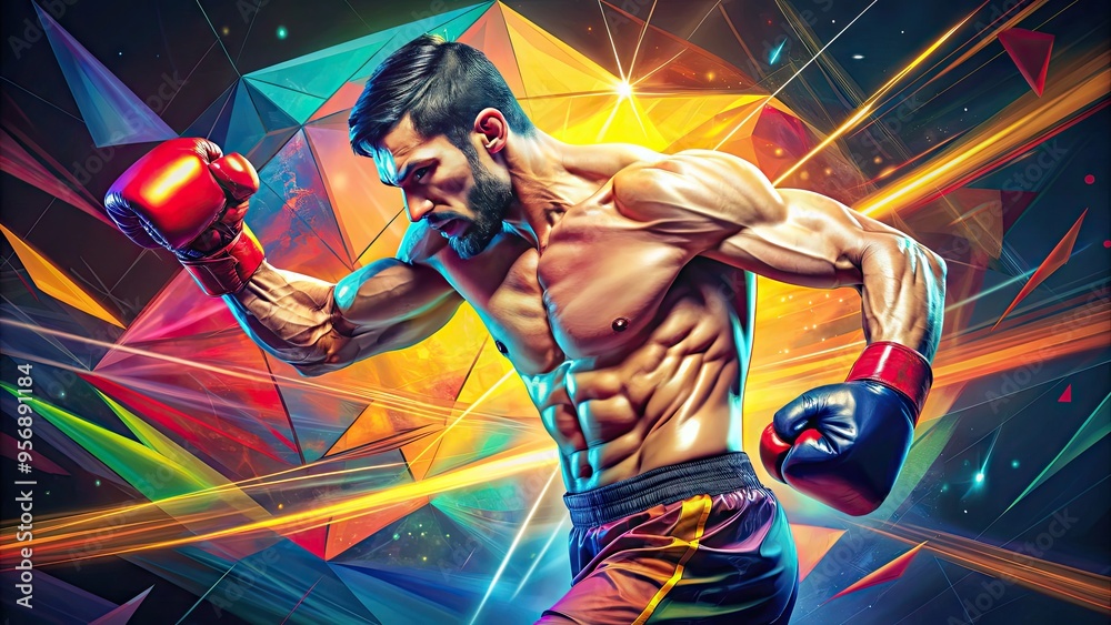 Colorful, dynamic illustration of a boxer in mid-punch, surrounded by ...
