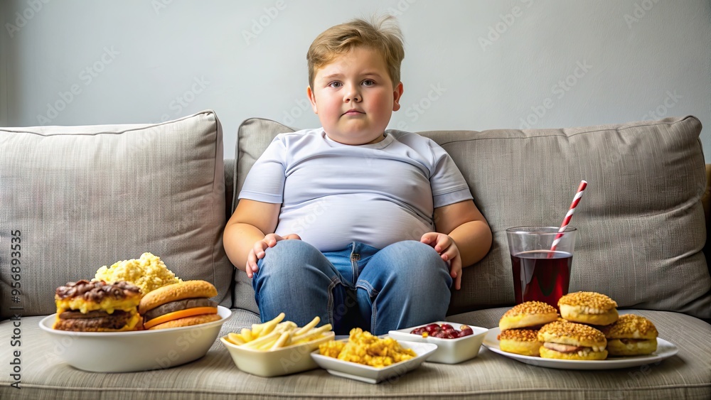 Overweight child sitting on a couch, surrounded by junk food and soda ...