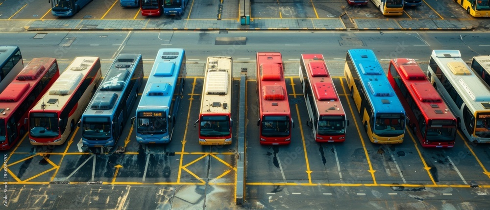 Aerial view of bus terminal parking lot with colorful buses neatly ...