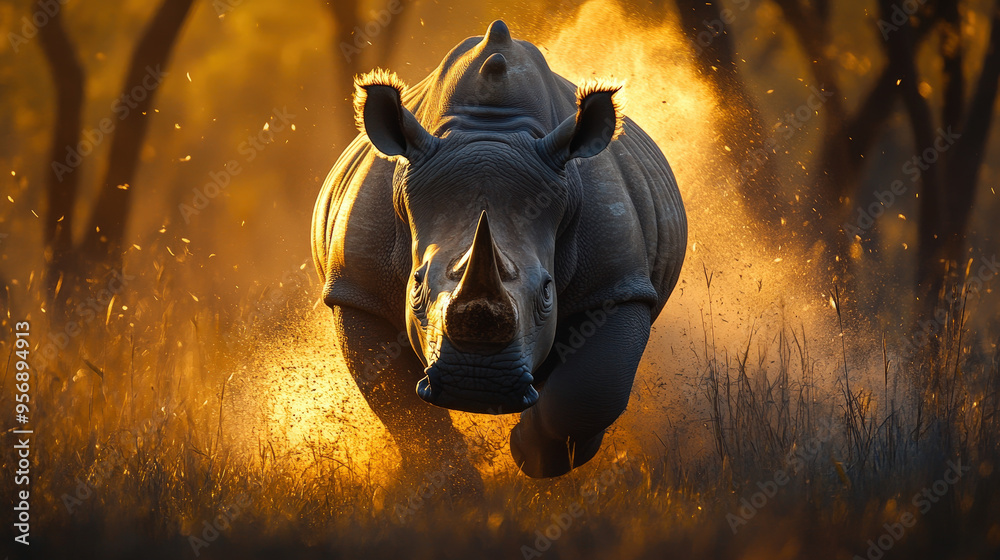 Rhino charging through tall grass, its powerful form and energy ...