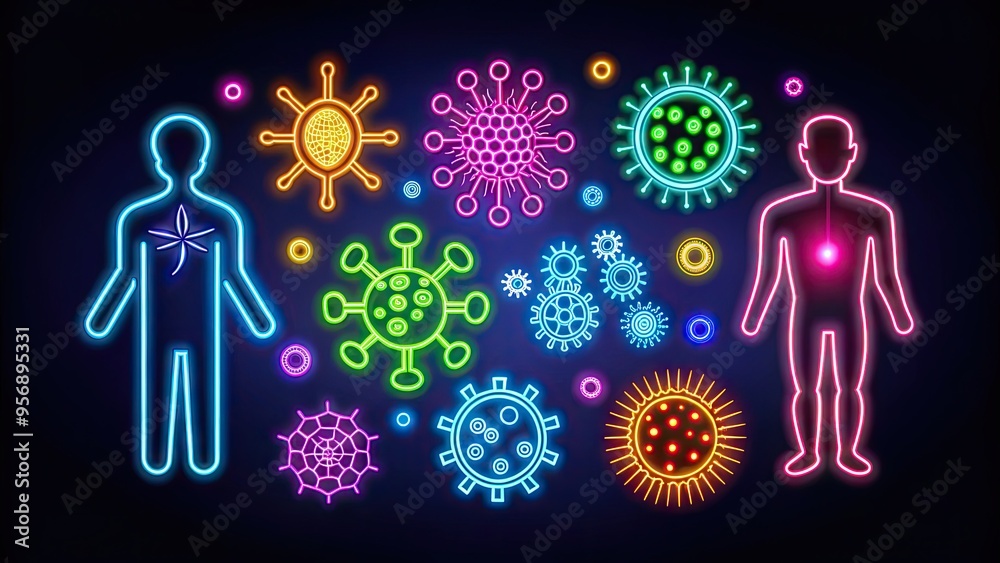 Colorful line icons illustrating the human immune system, featuring ...