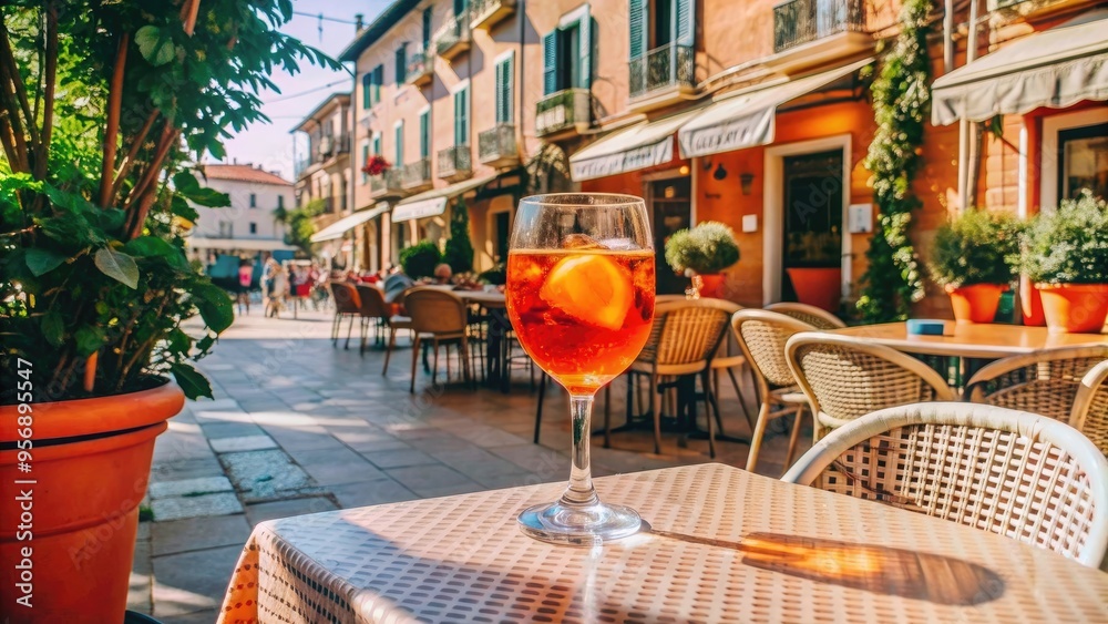 Sunny Italian cafe scene with a glass of Aperol Spritz on a table ...