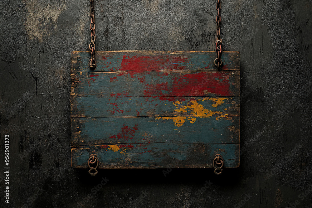 Black Background with Colorful Wooden Sign in Red, Blue, and Yellow ...