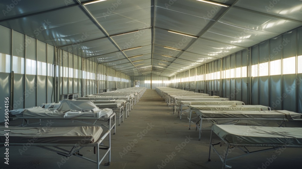 Rows of empty cots stretch out in a large, makeshift medical facility ...