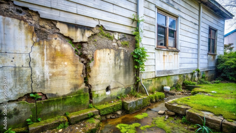 Cracked and crumbling foundation wall with water seepage and fungal ...