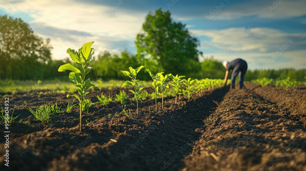High-definition image of a person planting multiple young trees in a ...