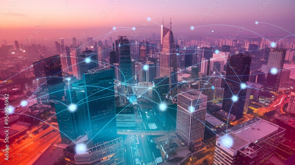 High Tech Urban Environment with Holographic Network Aerial of a modern ...