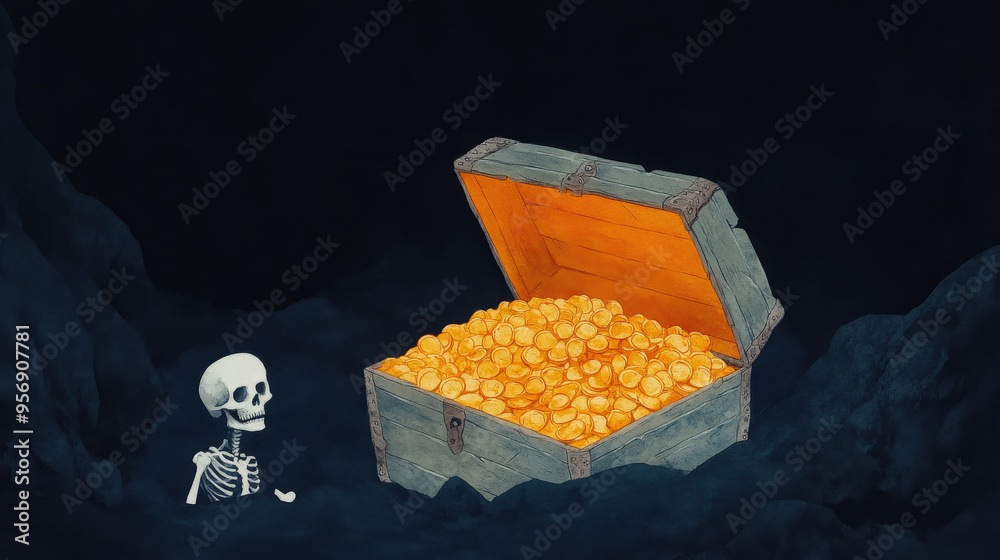 Skeleton pirates, treasure chest glowing with cursed gold, dark cave ...