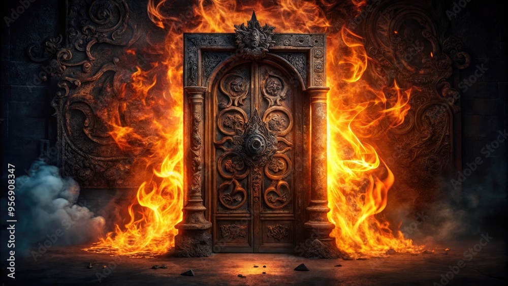 Dark flames engulf a mysterious, ancient-looking door with intricate ...