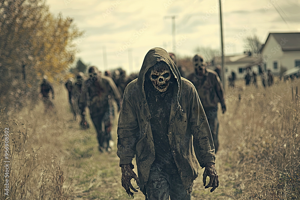 A chilling sight: A horde of decaying zombies, their skin mottled with ...