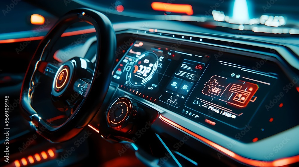 Futuristic Autonomous Vehicle's Digital Control Panel with Activated ...