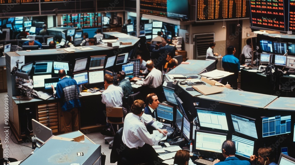 An aerial perspective of a circular trading desk bustling with traders ...