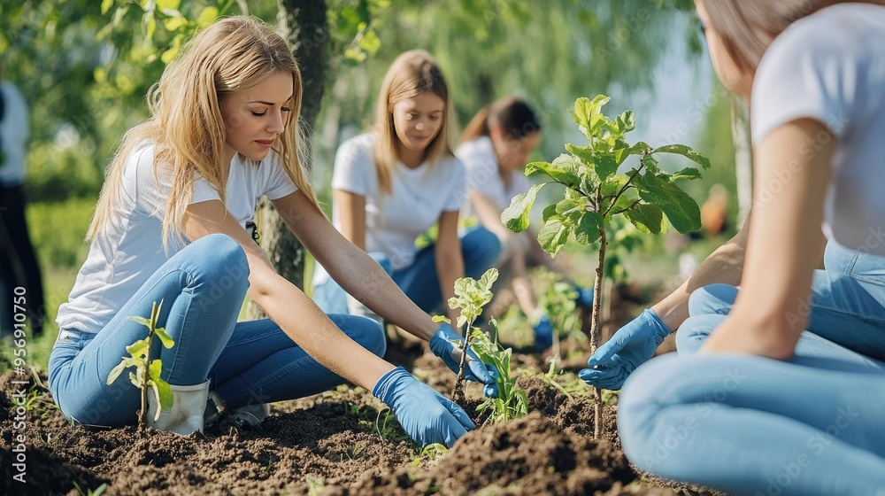 High-resolution image of a group of volunteers planting trees in a ...