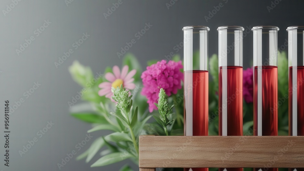 Test tubes in a rustic wooden rack with wildflowers, blending science ...