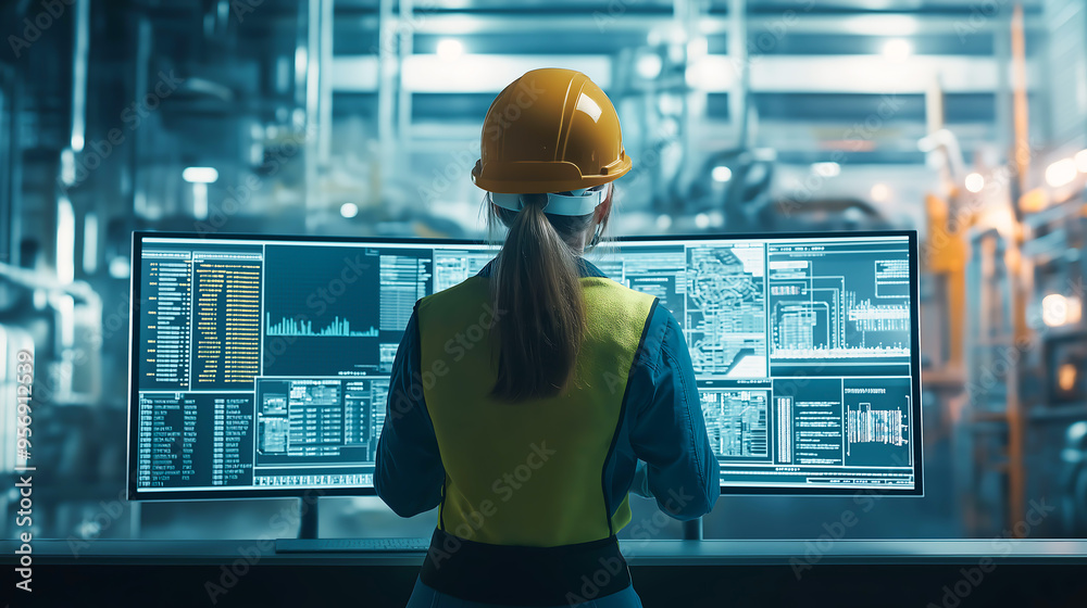 Back view of woman industrial engineer in safety helmets standing ...