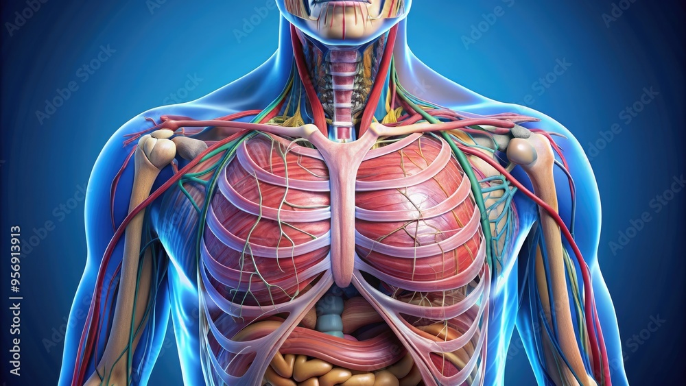 Detailed illustration of the human torso showing lungs, trachea, and ...