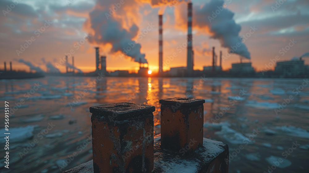Industrial ironworks with smoking chimneys under dark sky metal heaps ...
