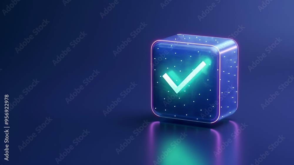 3D glowing check mark icon in a futuristic digital style against a dark ...