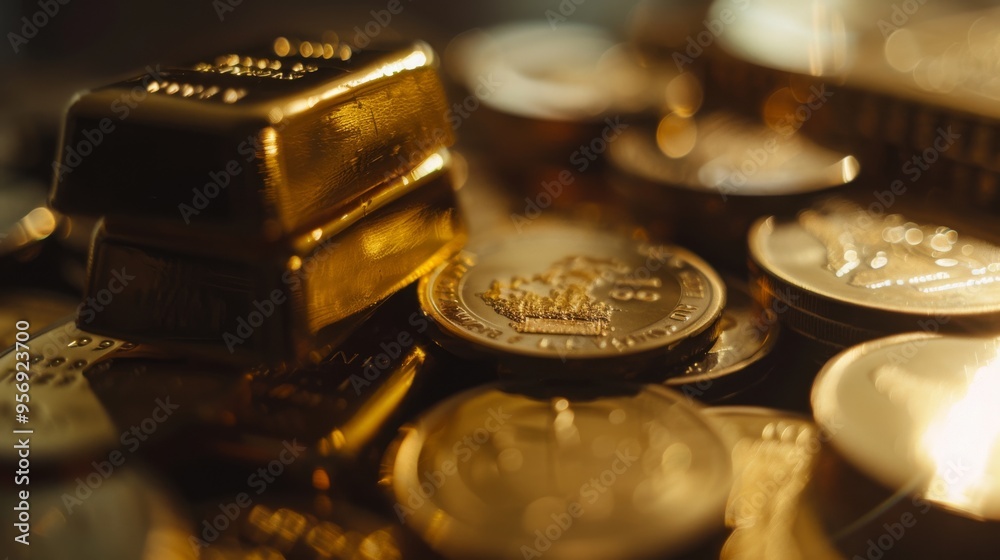 Stacked golden coins and bars create a lavish scene, displaying their ...