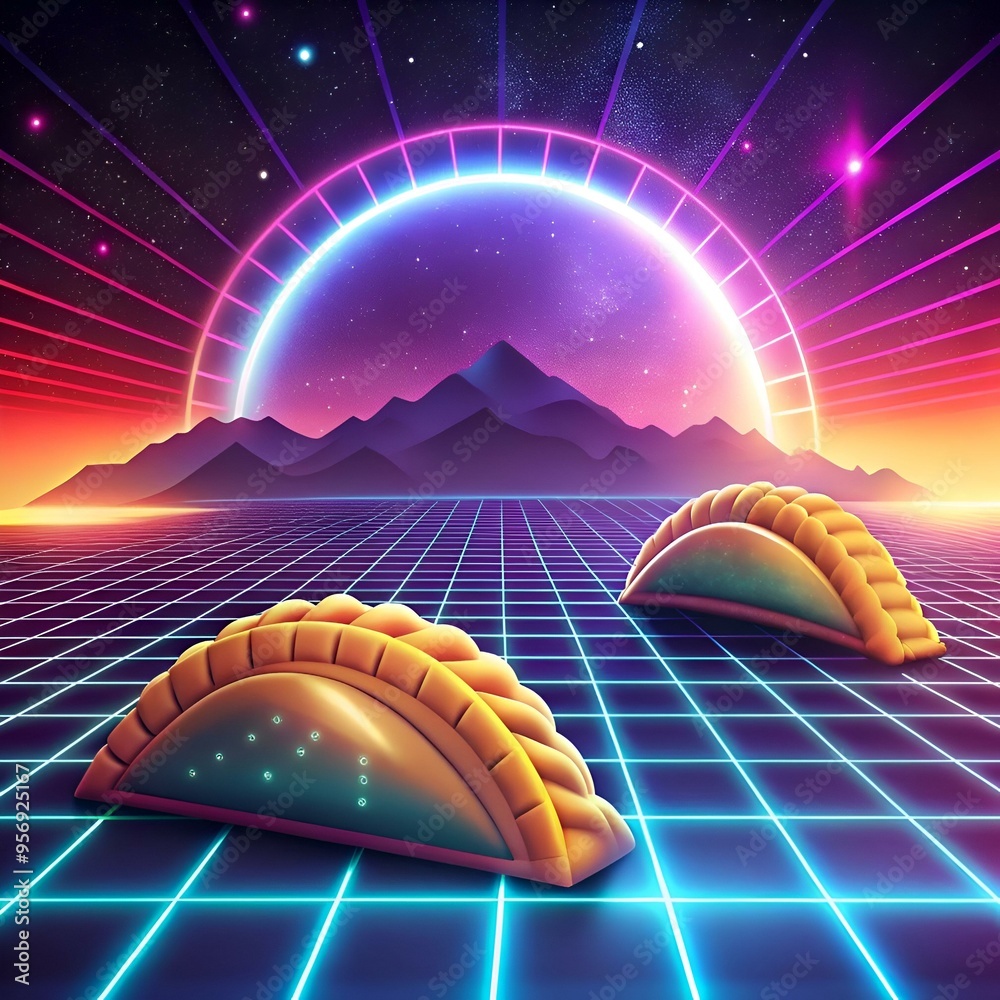 Retro futuristic 3D illustration of empanadas against a neon glowing ...