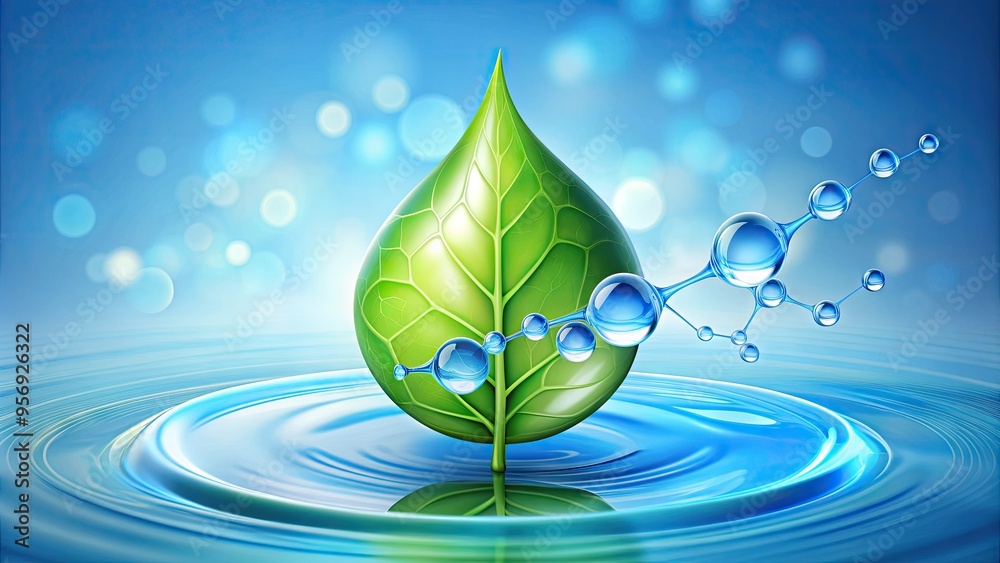 Refreshing illustration of a water droplet with a green leaf and ...