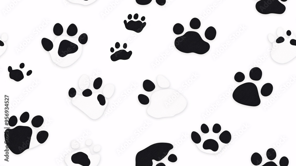 Paw Print Parade: A playful and dynamic pattern of black and white paw ...