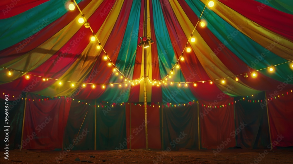 Inside a whimsical circus tent adorned with colourful hanging lights that create a magical and ...