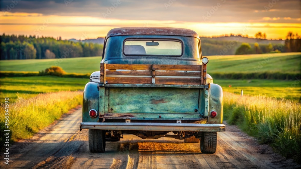 Rugged, rusty, and worn, a vintage pickup truck's rear view showcases a ...
