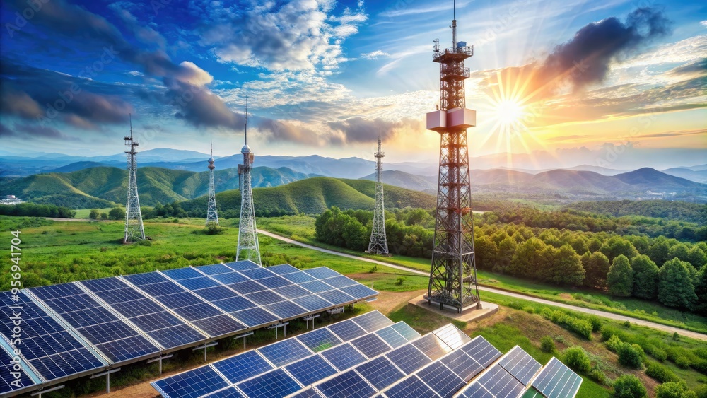 Rugged telecom tower standing tall amidst a sprawling solar panel farm ...