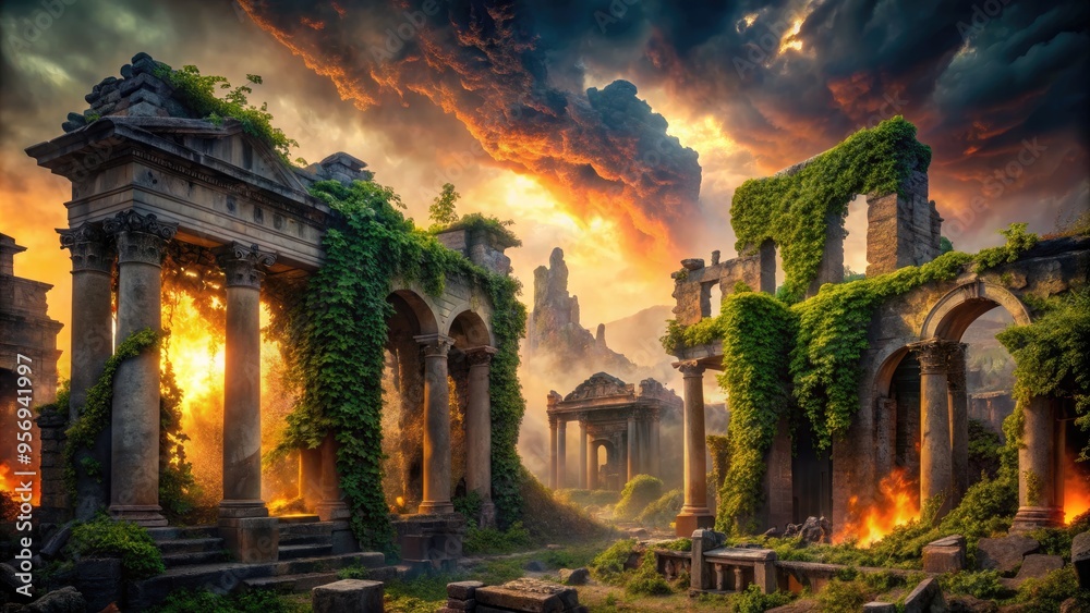 Ruins of ancient Roman architecture lie shattered and overgrown with ...